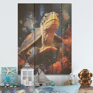 Designart "Expressionist Journey" Turtle Wood Wall Decor - Modern Blue Wood Panel On Natural ...